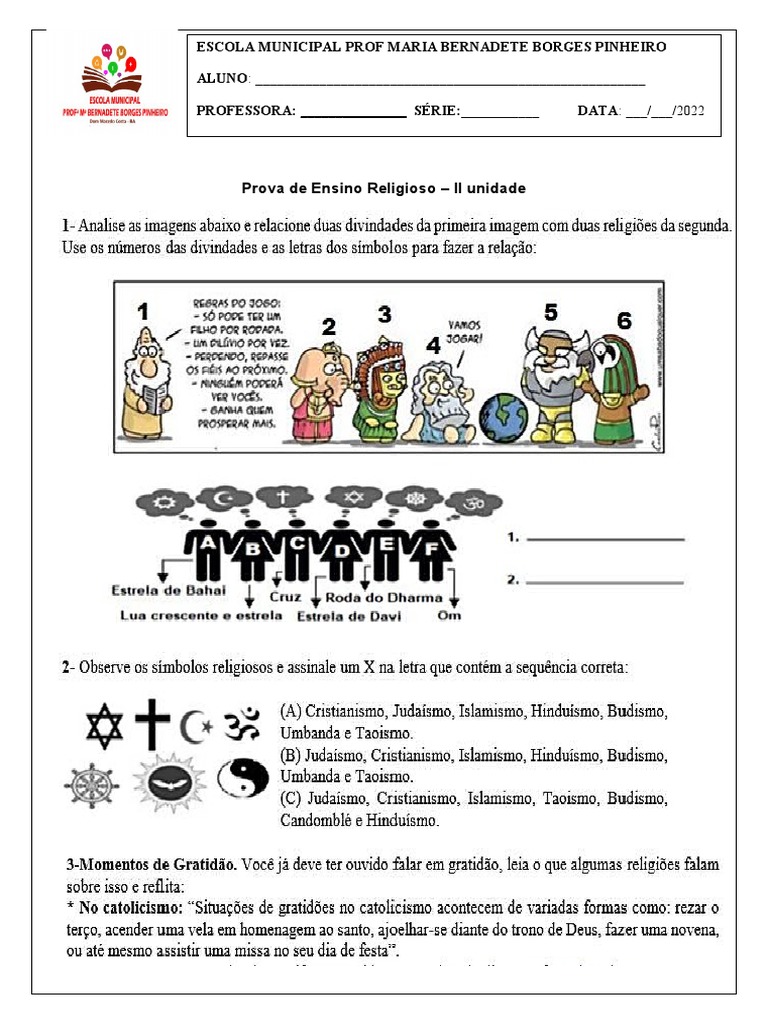 Prova de Ensino Religioso 6 | PDF