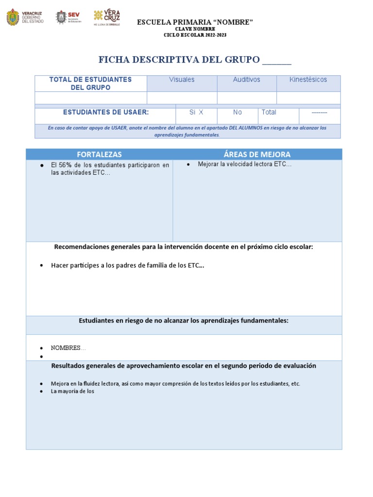Formato de Fichas Descriptivas EN BLANCO | Descargar gratis PDF | Educación primaria | Aprendizaje