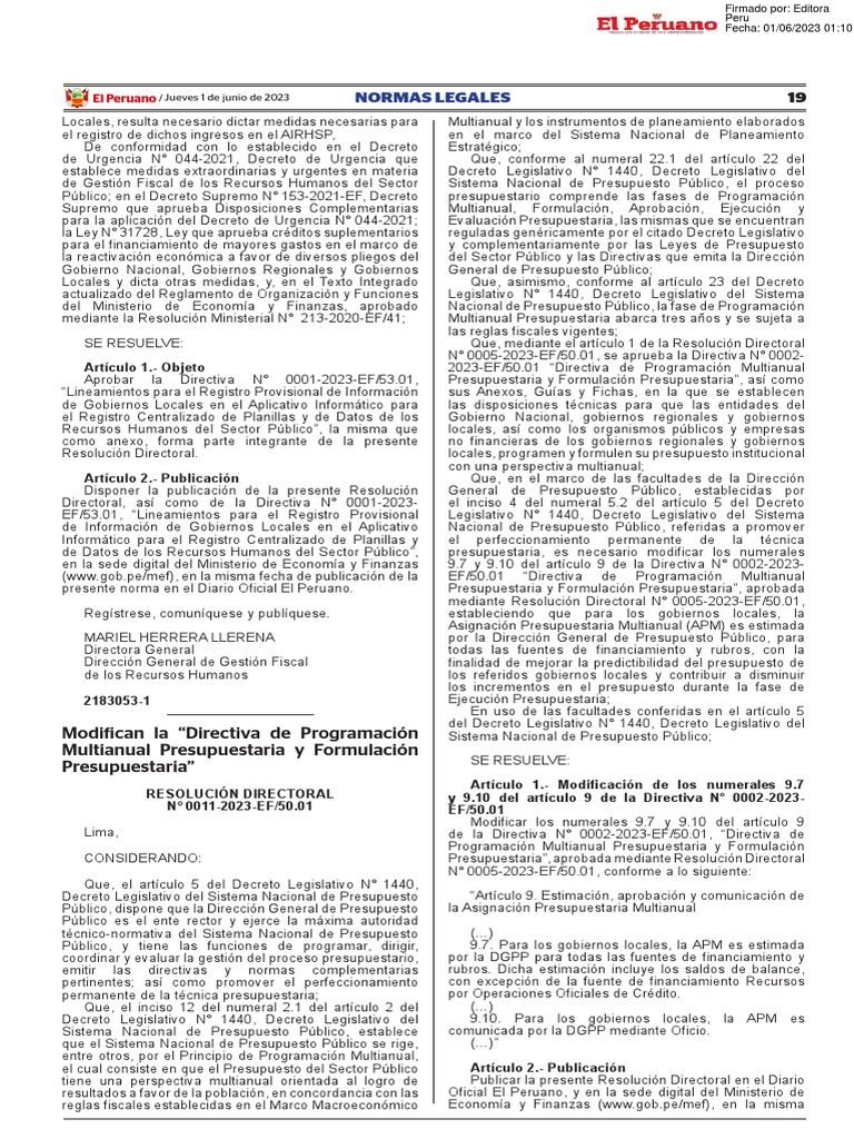 RD #011 - 2023-EF 5001 Modifica Directiva 002-2023-EF 5001 Directiva de Programación Multianual ...