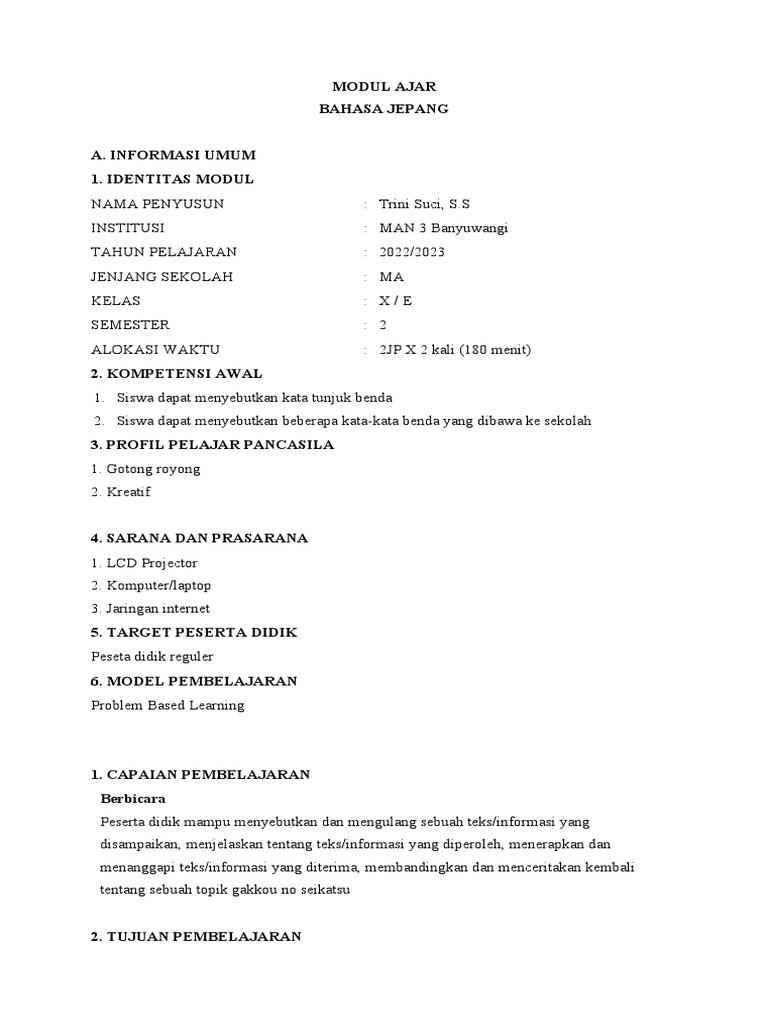 RPP Kurmer PBL Mochimono | PDF | Kajian Bahasa Asing