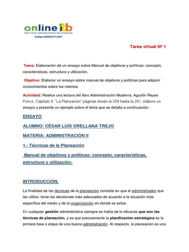 Tarea Virtual #1 ADMIN II | PDF | Análisis FODA | Planificación