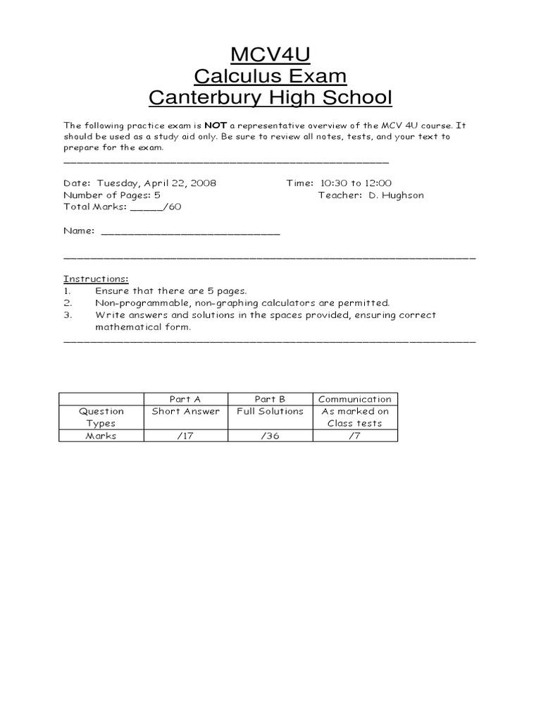 @MCV Calculus Practice Exam II Solutions | PDF | Derivative ...