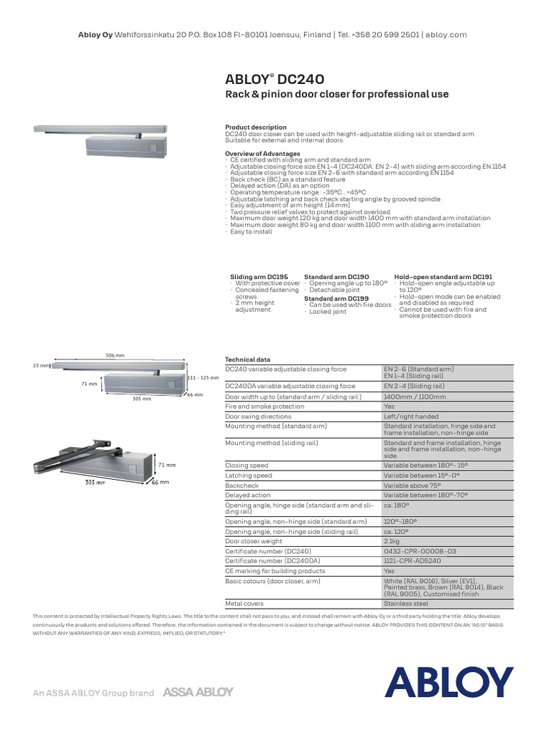 Abloy Dc240 Data Sheet 1 | PDF | Door | Manufactured Goods
