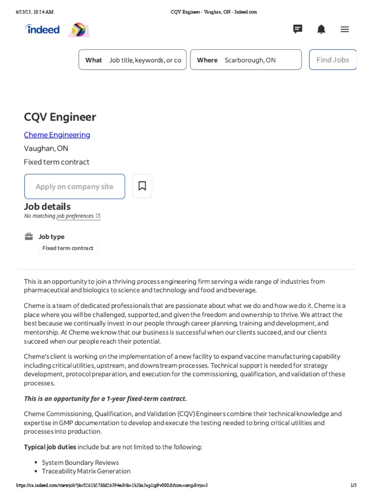 CQV Engineer - Vaughan, On | PDF | Chemical Engineering | Engineering