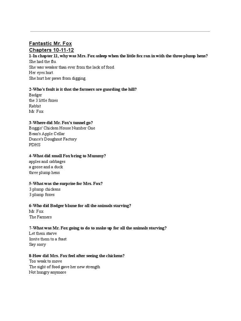 Mr. Fox Chapters 10-12 Worksheets | PDF