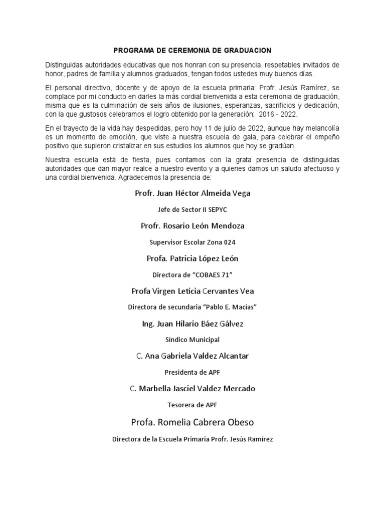 Programa de Ceremonia de Graduacion | PDF