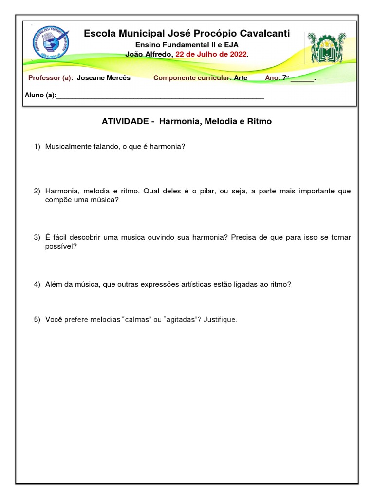 Atividade sobre Harmonia, Melodia e Ritmo | PDF | Autoajuda