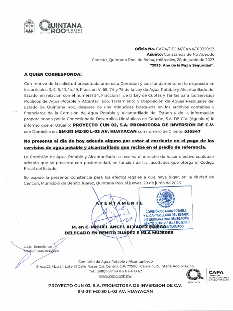 Constancia de No Adeudo de Agua | PDF