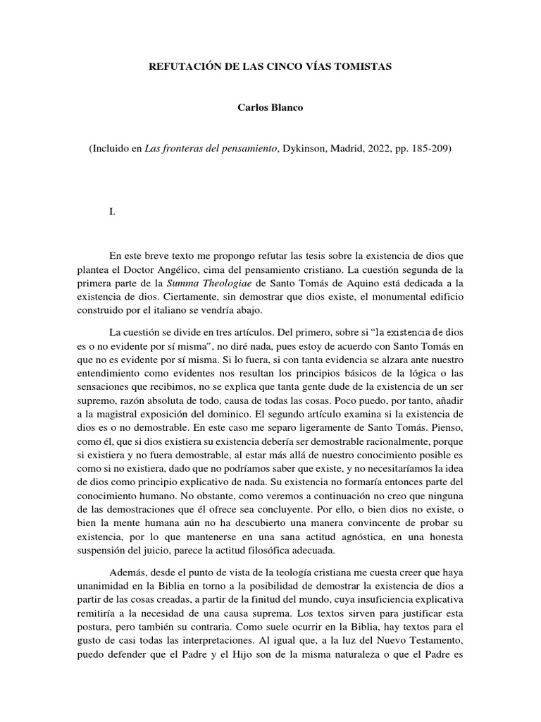Carlos Blanco (2002) - Refutación de Las Cinco Vías Tomistas. 'Las Fronteras Del Pensamiento ...