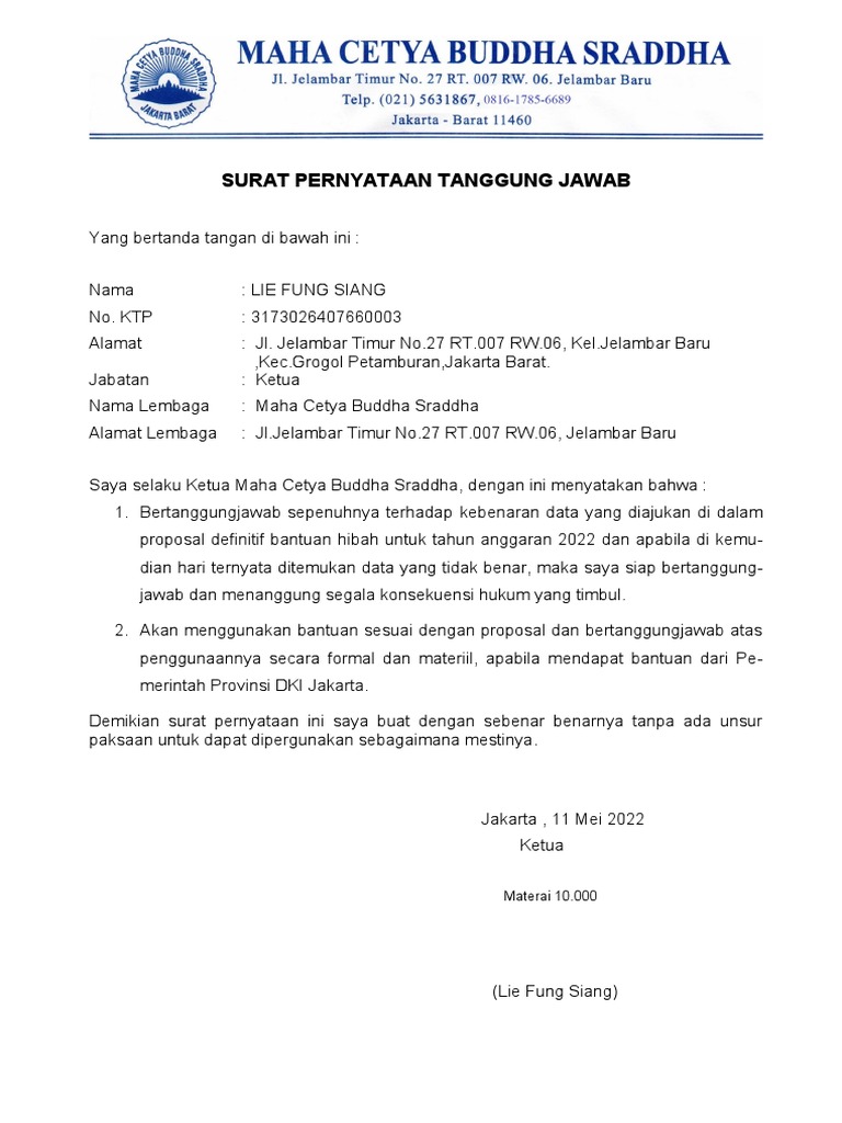 Surat Pernyataan Tanggung Jawab Hibah | PDF