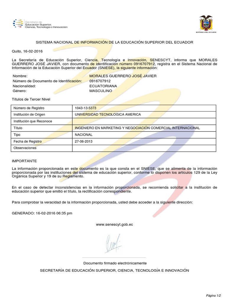 Certificado de Titulo Senecyt | PDF
