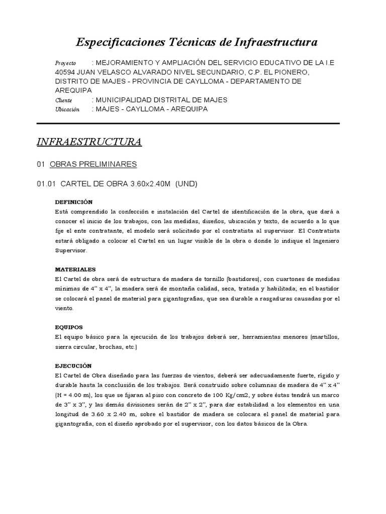 Especificaciones Técnicas - Infraestructura | PDF | Topografía | Presupuesto