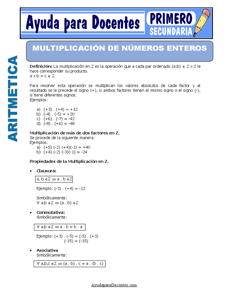Multiplicacion de Numeros Enteros para Primero de Secundaria ...