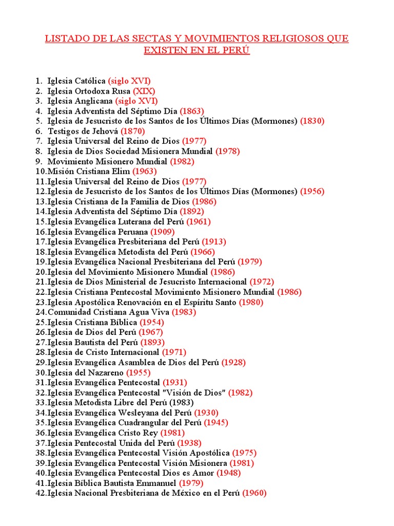 Listado de Las Sectas y Movimientos Religiosos Que Existen en El Perú ...