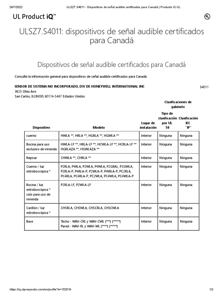 ULSZ7.S4011 - Dispositivos de señal audible certificados para Canadá _ Producto iQ UL | PDF