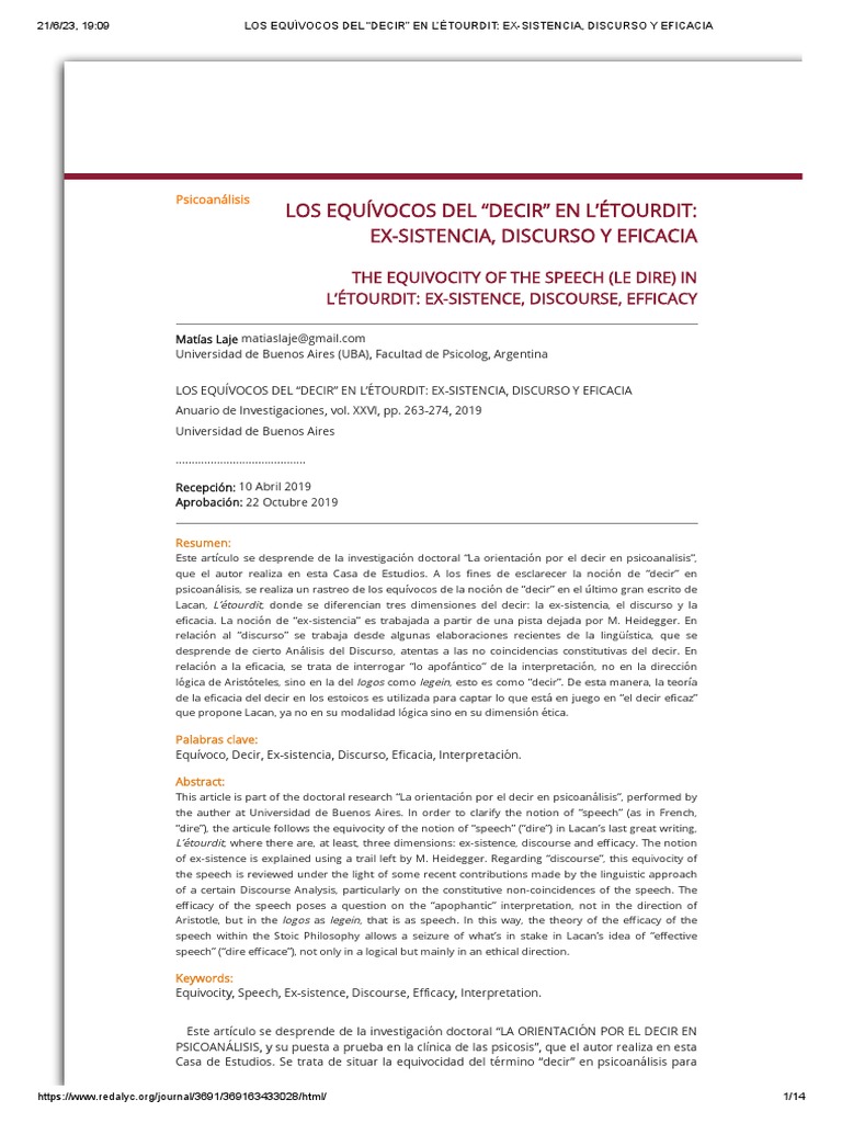 Los Equívocos Del "Decir" en L'étourdit - Ex-Sistencia, Discurso y ...