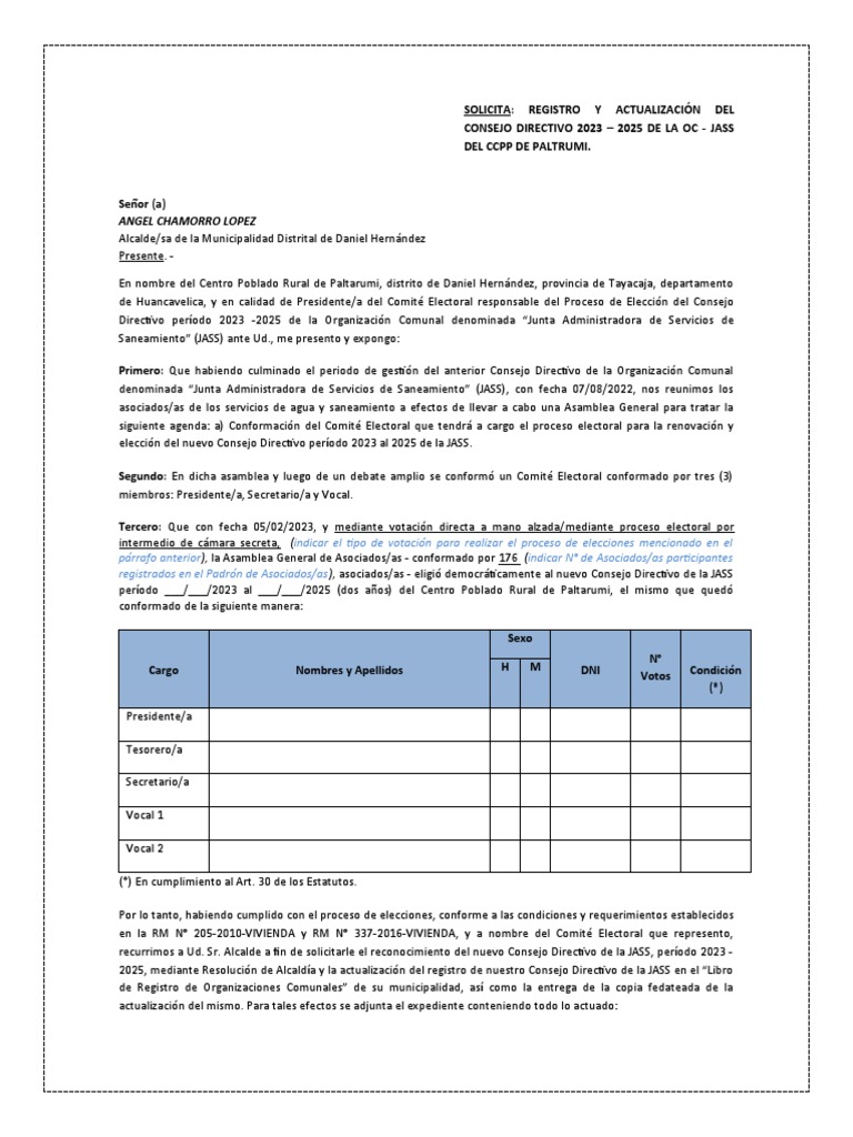 Modelo Solicitud para Renovacion de Jass | PDF | Gobierno local | Elecciones