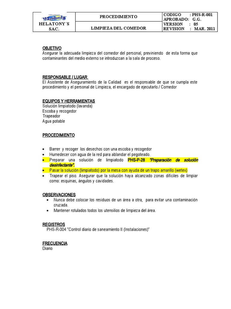 PHS-0012 Limpieza Del Comedor | PDF