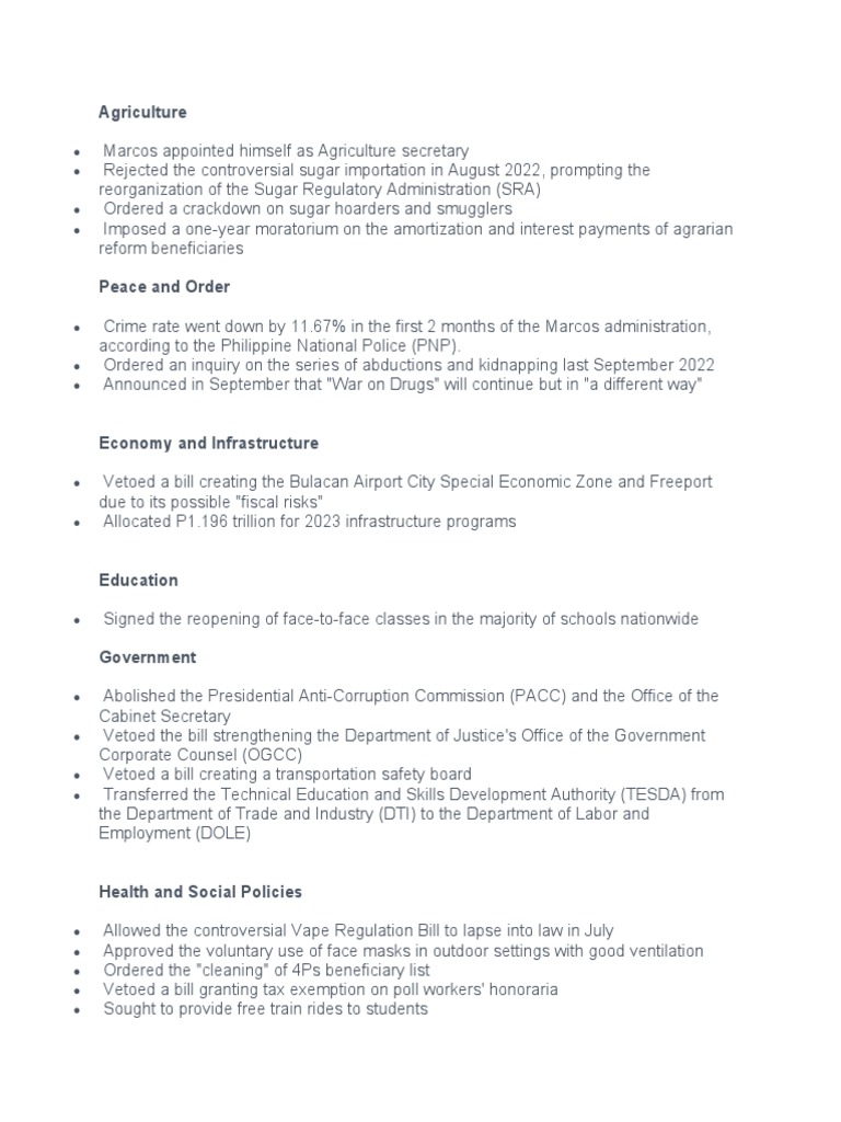Marcos Administration Key Policies Overview | PDF