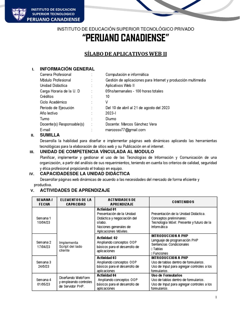 Silabo - Aplicativos Web II - Ciclo V | PDF | Php | Mi sql