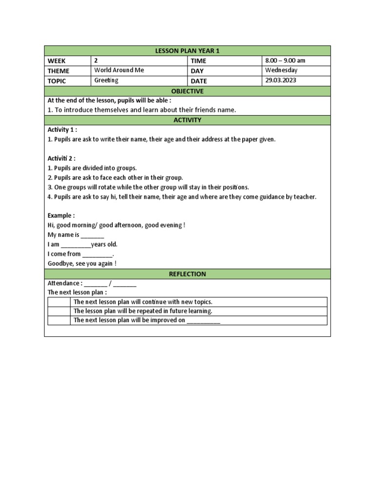 LESSON PLAN YEAR 1 (Minggu Transisi) | PDF | Lesson Plan | Learning