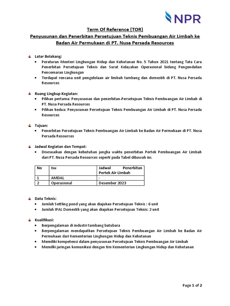 Term of Reference - Penyusunan Pertek Pembuangan Air Limbah PT. Nusa ...