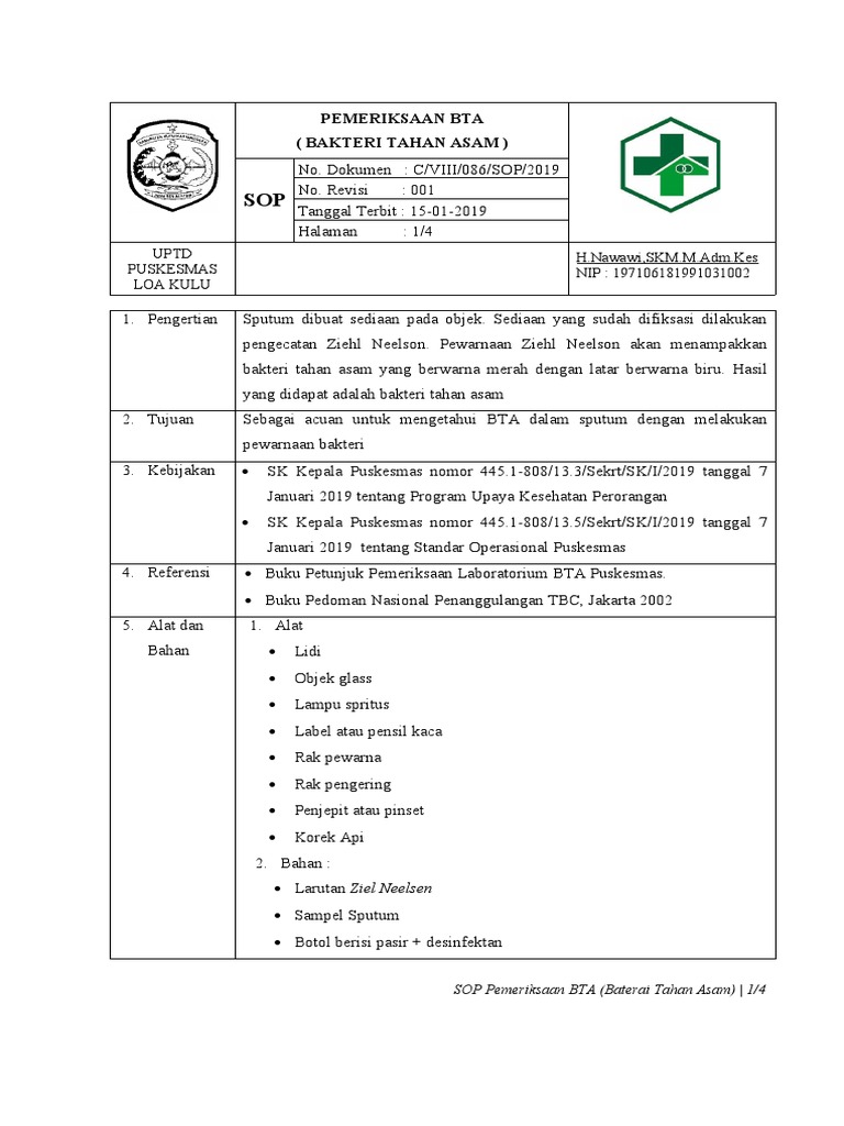 SOP Pemeriksaan BTA (BAKTERI TAHAN ASAM) | PDF