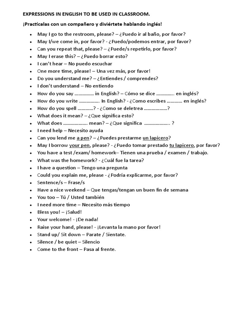 Expressions in English To Be Used in Classroom | PDF | Artes del ...
