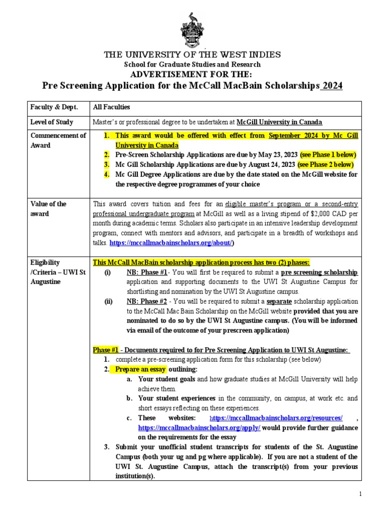 McCall MacBain UWI Guidelines&PreScreen Scholarship Application | Download Free PDF ...