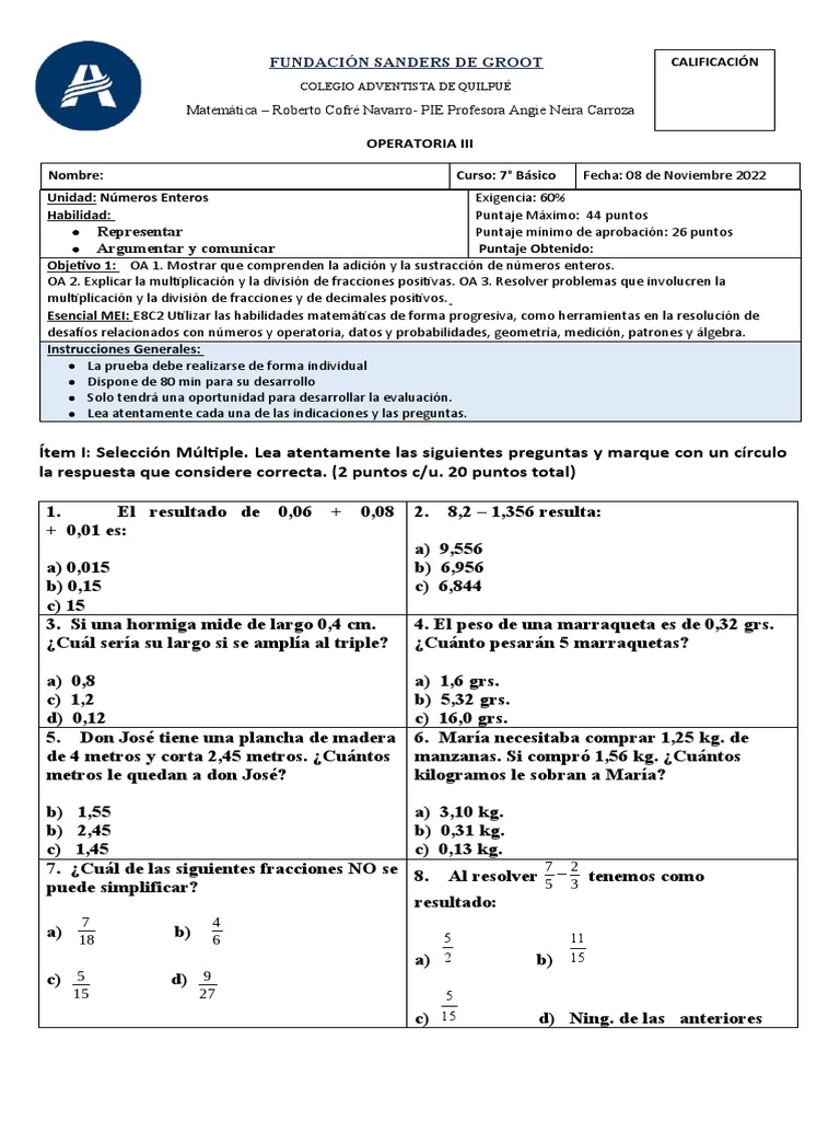 Evaluación de Números Enteros y Fracciones | PDF | Notación | Números