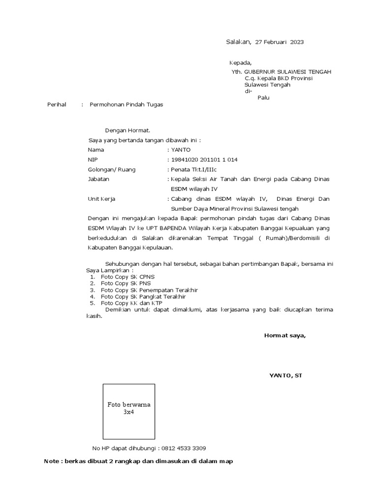 Contoh Surat Permohonan Pindah Antar SKPD | PDF