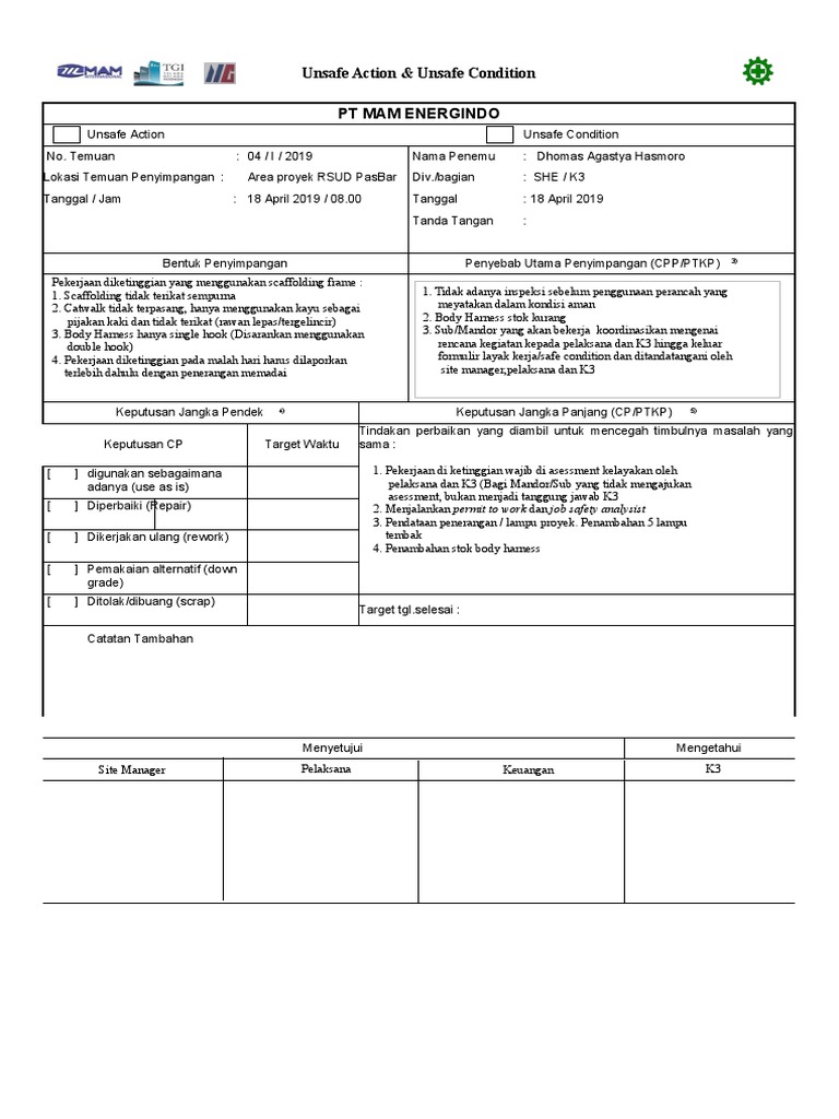 Temuan Penyimpangan Unsafe Action Unsafe Condition | PDF