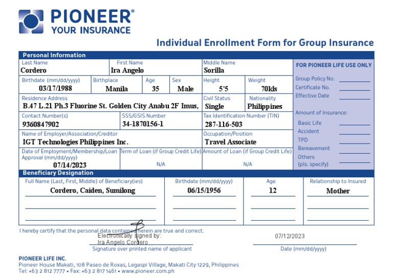 Enrollment Short Form For Group Insurance | PDF | Financial Services