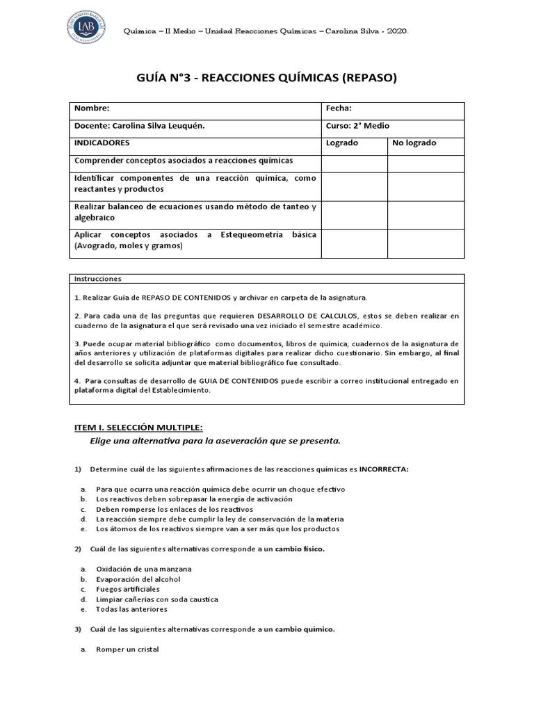 QUIMICA-2°MEDIO-GUIA-N°3-R.-QUÍMICAS (1) | PDF | Reacciones químicas | Naturaleza