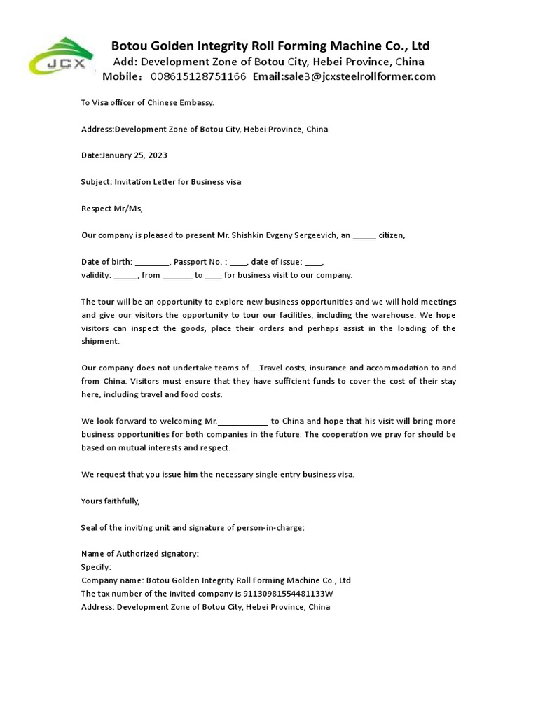To Visa Officer of Chinese Embassy - Sample | PDF