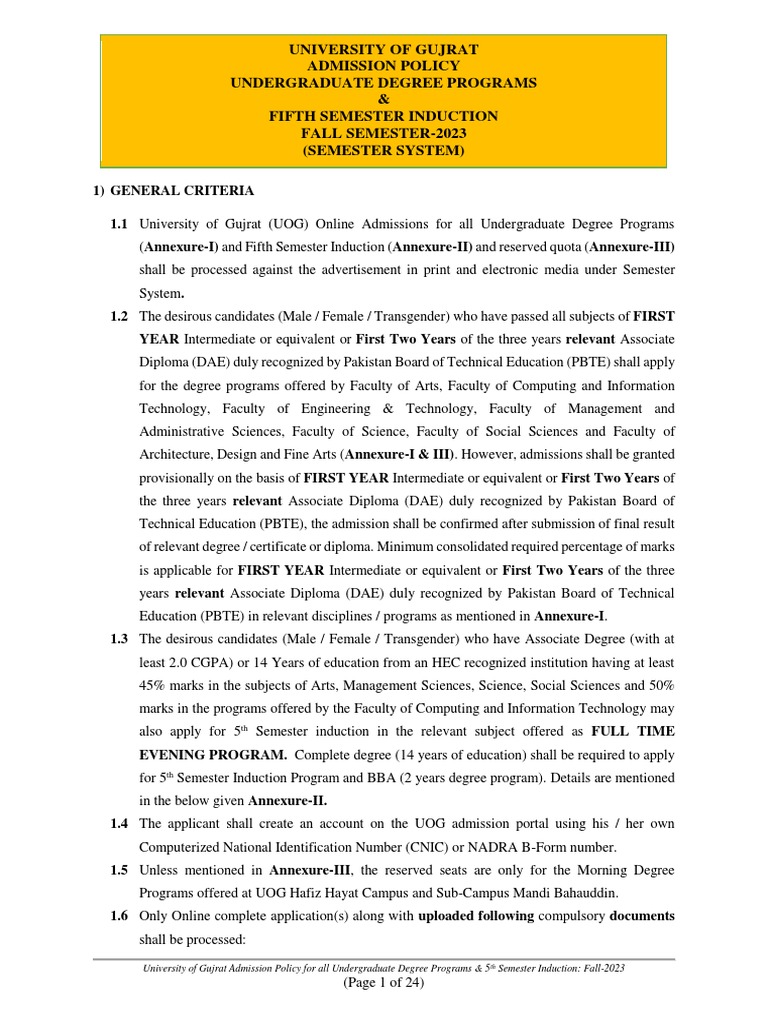 UOG Admission Policy 2023-2025 | PDF | University And College Admission ...