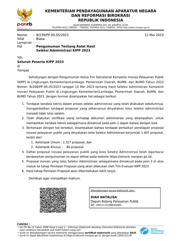 Pengumuman Hasil Adm Kipp Tahap Ii | PDF