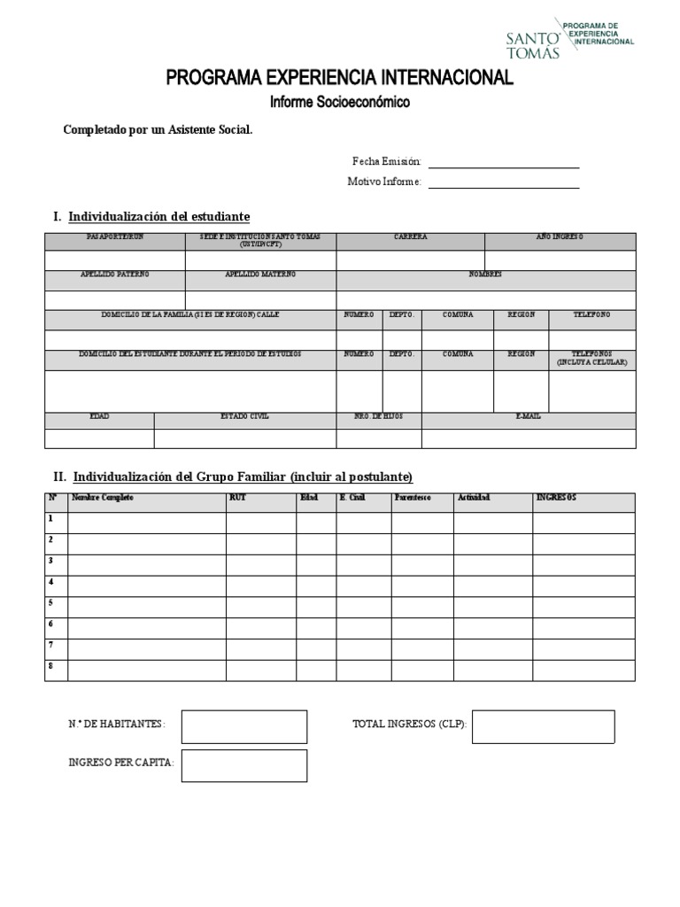 Informe Socioeconómico - Intercambio Presencial - Alumno Santo Tomás | PDF