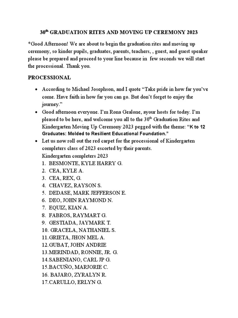30th GRADUATION RITES AND MOVING UP CEREMONY 2023 | PDF | Social ...