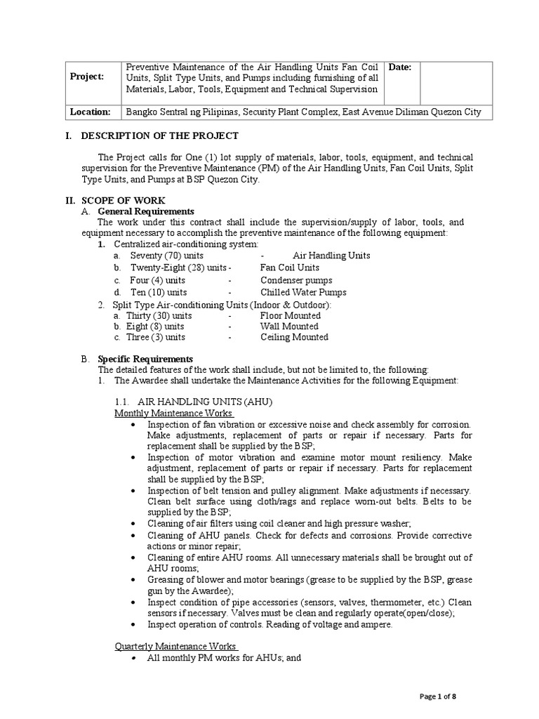 For RFQ - Scope of Works PM of AHU, FCU and Pumps | Download Free PDF ...