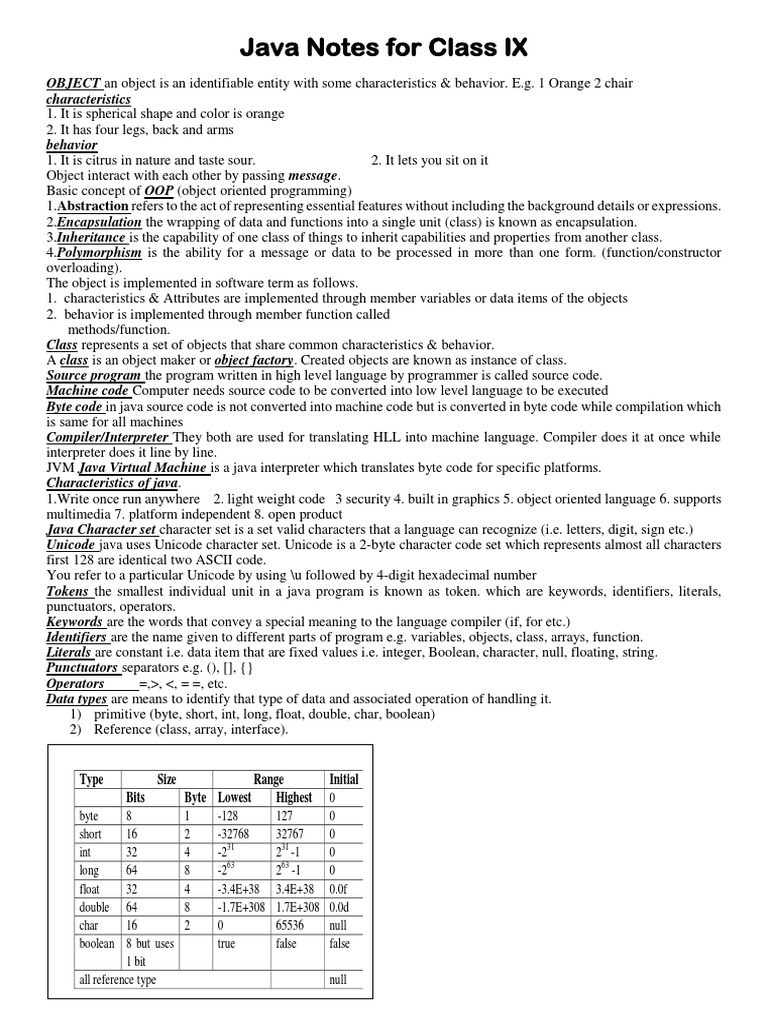 Java Notes For Class I Pdf Object Oriented Programming Class Computer Programming