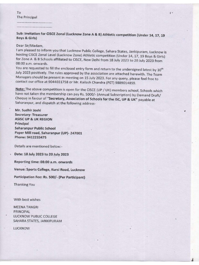 Invitation For CISCE Zonal (Lucknow Zone A & B) Athletic Competition (Under 14, 17, 19 Boys ...