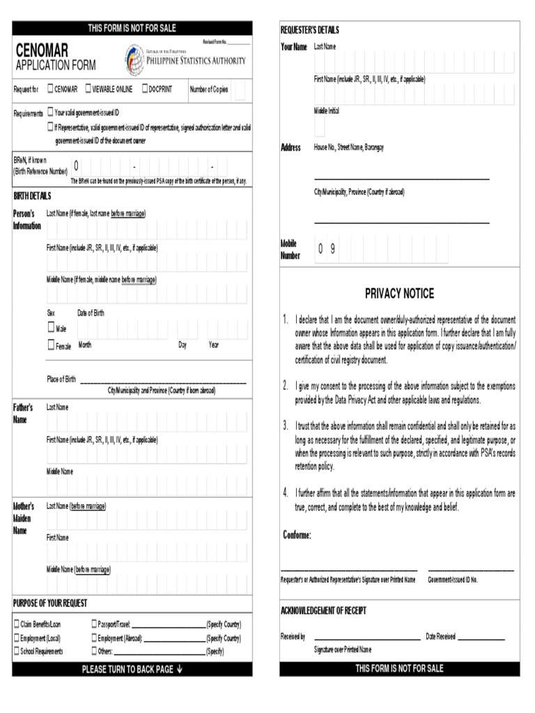 Cenomar Request PSA Form-New | PDF | Identity Document | Birth Certificate
