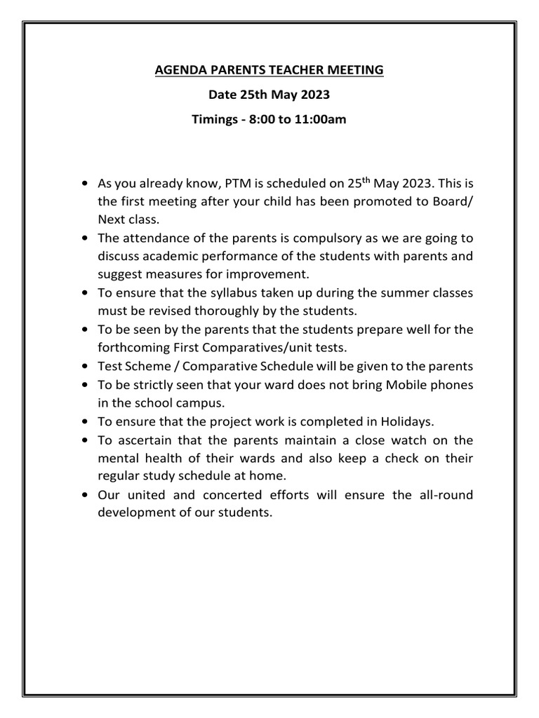 PTM AGENDA - PARENTS | PDF