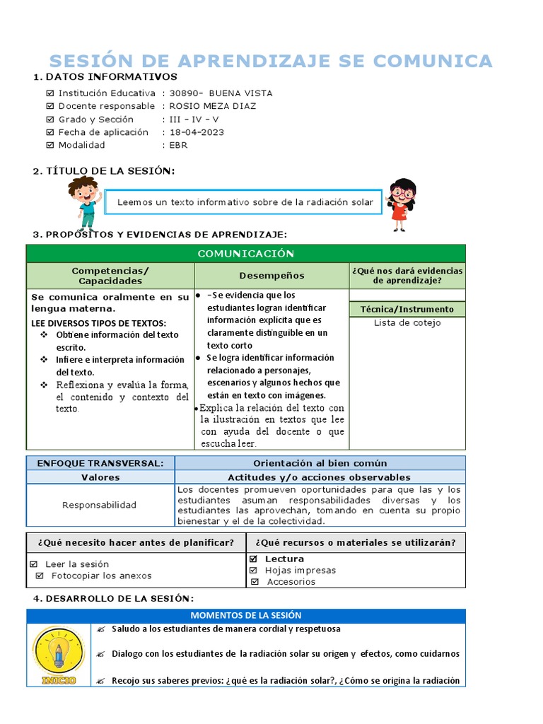 SESIÓN DE APRENDIZAJE DE COMUNICACION PRIMARIA 18 de Abril | PDF | Aprendizaje | Radiación
