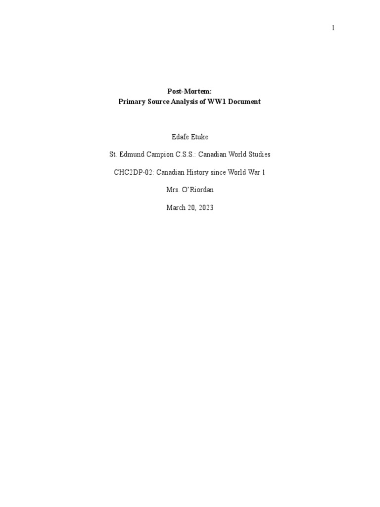 Post Mortem Primary Source Analysis Of Ww1 Document Pdf