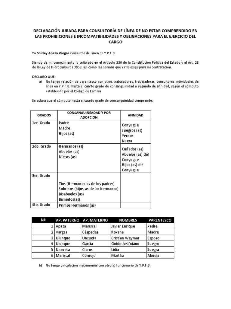 DECLARACIÓN JURADA PARA CONSULTORÍA DE LÍNEA DE NO ESTAR COMPRENDIDO EN ... DECLARACIÓN JURADA PARA CONSULTORÍA DE LÍNEA DE NO ESTAR COMPRENDIDO EN ...