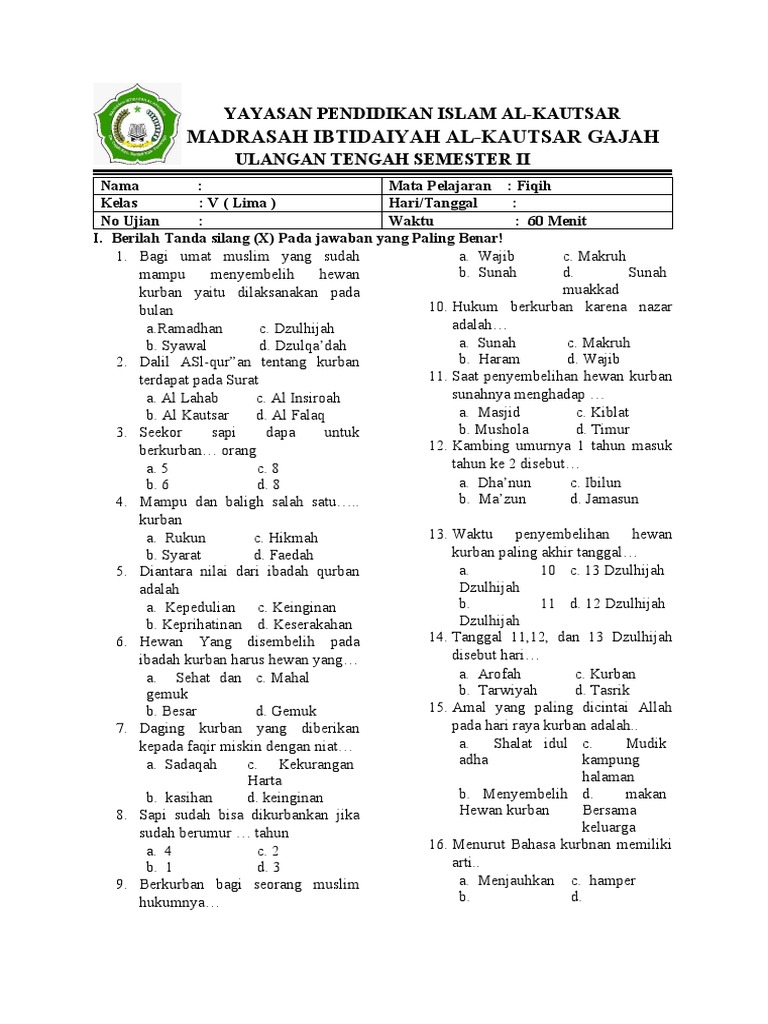 Soal Pts Fiqih Kelas 5 | PDF | Agama & Spiritualitas