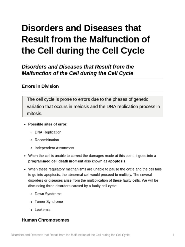 Disorders and Diseases That Result From The Malfunction of The Cell ...