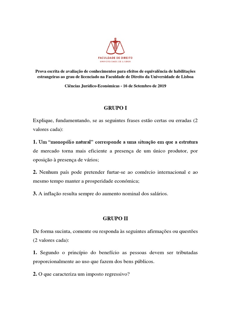 Modelo de Prova de Avaliação de Conhecimentos - Faculdade de Direito ...